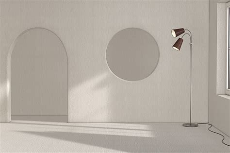 추상적 인 빈 방에 나무 그늘과 크롬 다리와 아늑한 장식 듀얼 로프트 거실 침실 사무실 바닥 램프 3d 렌더링 0명에 대한 스톡 사진 및 기타 이미지 Istock