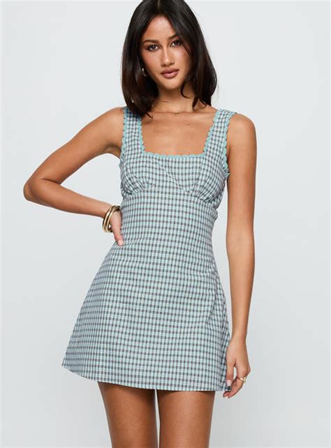 Dasha Mini Dress Blue Brown Check Princess Polly