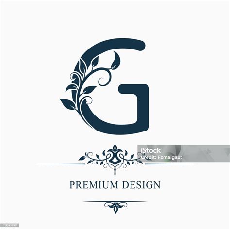 고급 대문자 G 장식 꽃 모노 그램 잎이 있는 나뭇가지 붓글씨 로고 템플릿입니다 그래픽 엠 블 럼 페이지의 디자인에 대 한 좋은 스티커 간판 라벨 카드 벡터 일러스트 고풍
