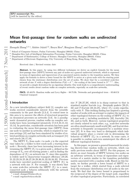 Pdf Mean First Passage Time For Random Walks On Undirected Networks