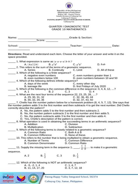 Diagnostic Test Mathematics 10 V2 Pdf Polynomial Arithmetic