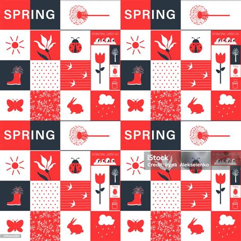 봄 추상 패턴입니다 빨강 검정 백색에 있는 봄 성분을 가진 이음새가 없는 기하학 인쇄 0명에 대한 스톡 벡터 아트 및 기타 이미지 0명 검은색 계절 Istock