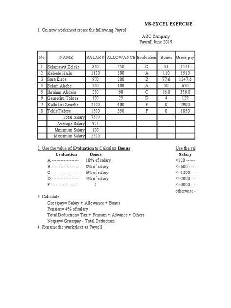 Ms Excel Exercise Pdf Payroll Economies