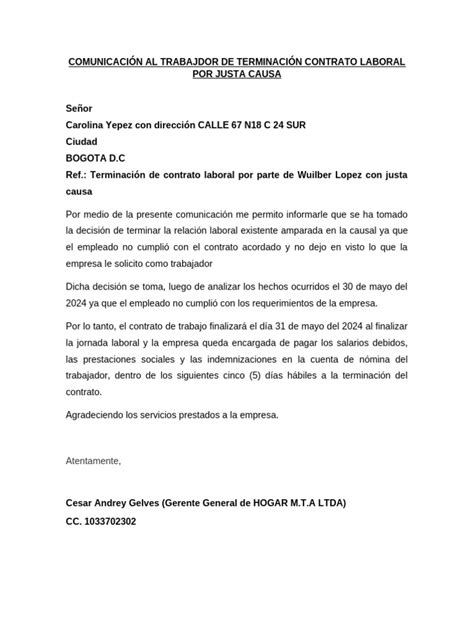Terminación De Contrato Laboral Justa Causa Pdf