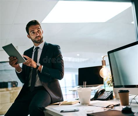 Business Man Thinking And Planning On Tablet By Computer For Digital Solution And Problem