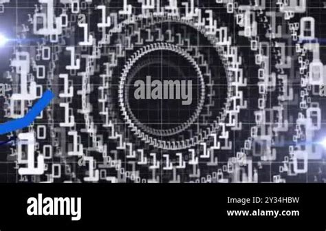 Spiraling Binary Code And Blue Graph Animation Over Grid Background