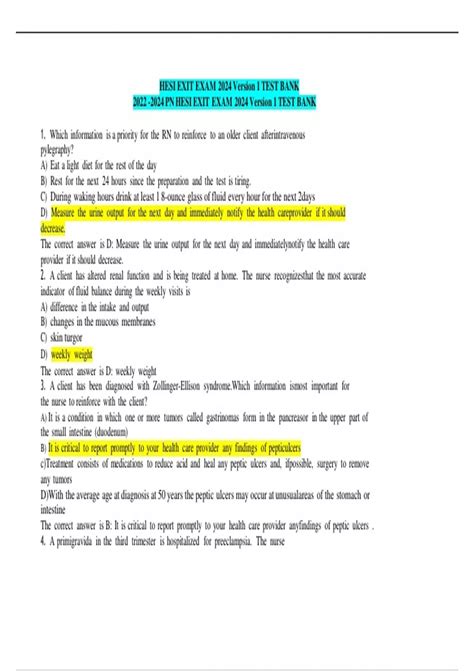 HESI EXIT EXAM 2024 Version 1 TEST BANK PN HESI EXIT EXAM 2024 Version 1 TEST BANK Hesi Exit