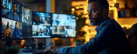 Man Working On Computer With Multiple Screens Realistic Photo Premium AI Generated Image