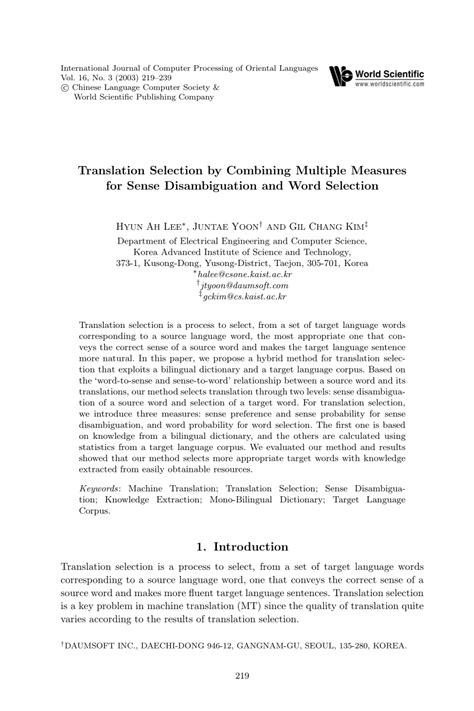 Pdf Translation Selection By Combining Multiple Measures For Sense