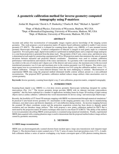 Pdf A Geometric Calibration Method For Inverse Geometry Computed Tomography Using P Matrices