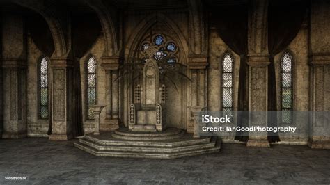 고딕 양식의 아치와 창문이있는 판타지 중세 왕좌 방 3d 그림 왕좌에 대한 스톡 사진 및 기타 이미지 왕좌 성 건축물