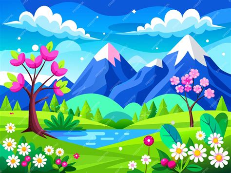 Весенний пейзаж с голубым небом и облаками векторная иллюстрация Премиум векторы
