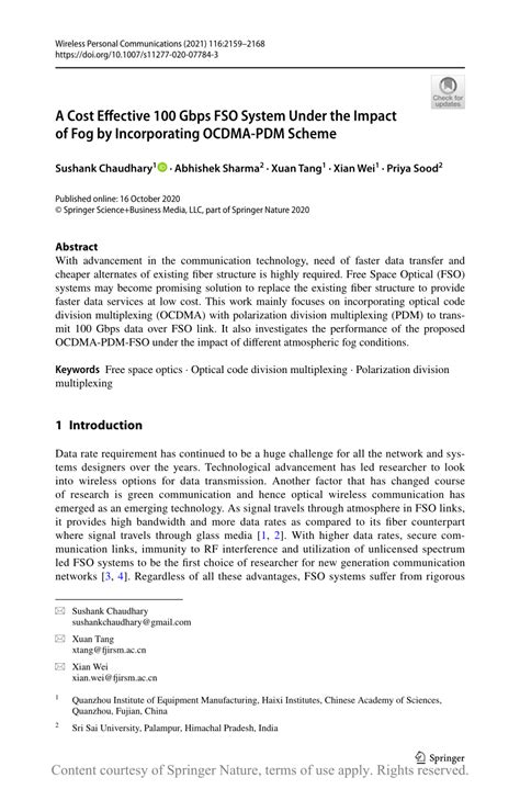 A Cost Effective 100 Gbps Fso System Under The Impact Of Fog By Incorporating Ocdma Pdm Scheme