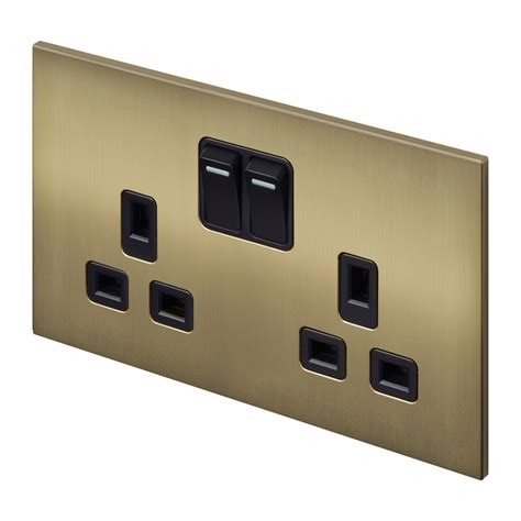 Aura Double Socket Brushed Brass Retrotouch Light Switches And Plug Sockets