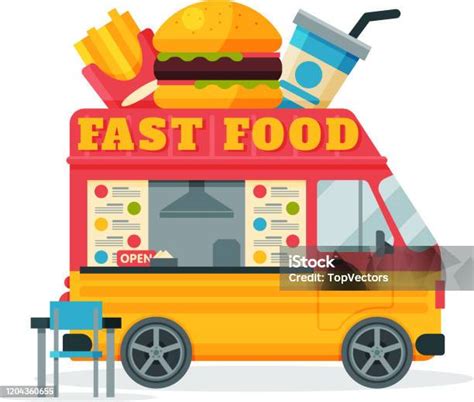 패스트 푸드 트럭 길거리 식사 밴 패스트 푸드 배달 모바일 상점 벡터 일러스트 감자 요리에 대한 스톡 벡터 아트 및 기타 이미지