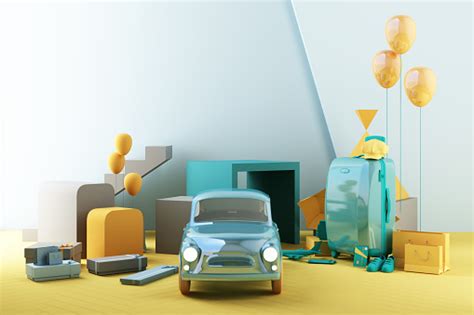 우산 신발 카메라로 둘러싸인 러기지와 비행기 자동차 모델 제품 스탠드 3d 렌더링이 있는 트렌디한 기하학적 모양배경 노란색과
