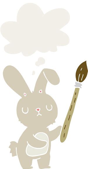 복고풍 스타일의 생각 거품이 있는 페인트 브러시가 있는 만화 토끼 귀여운에 대한 스톡 벡터 아트 및 기타 이미지 귀여운 기포 낙서 드로잉 Istock