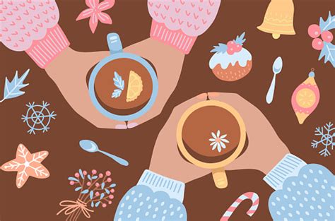 테이블 주위에 앉아 크리스마스를 축하하는 사람들의 손 장식 쿠키와 차를 드레이킹 맨 위 보기입니다 다채로운 만화 휴일 플랫 벡터