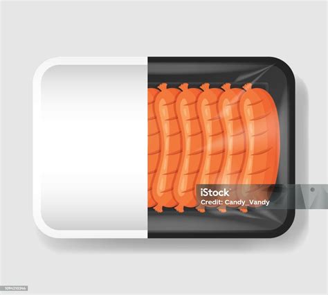 셀로판으로 플라스틱 트레이 컨테이너에 소시지 커버 이랑 디자인에 대 한 템플릿입니다 플라스틱 식품 용기 흰색 레이블 서식 파일을 취소 합니다 벡터 일러스트입니다 가리기에