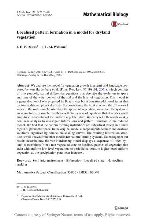 Localised Pattern Formation In A Model For Dryland Vegetation Request Pdf