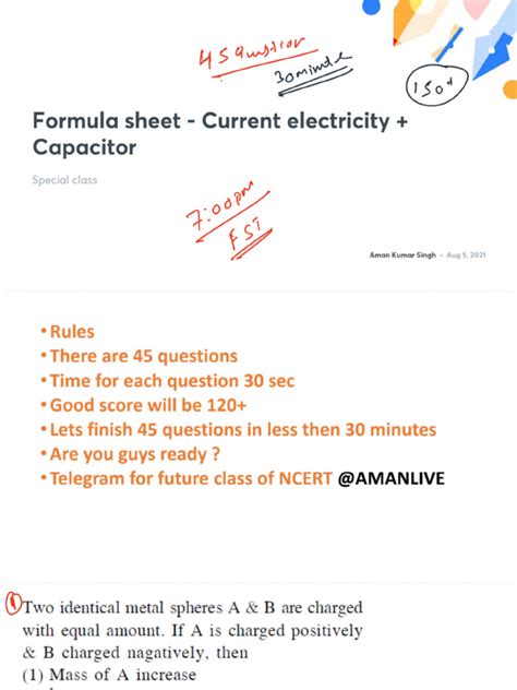 Formula Sheet Current Electricity Capacitor With Anno Pdf