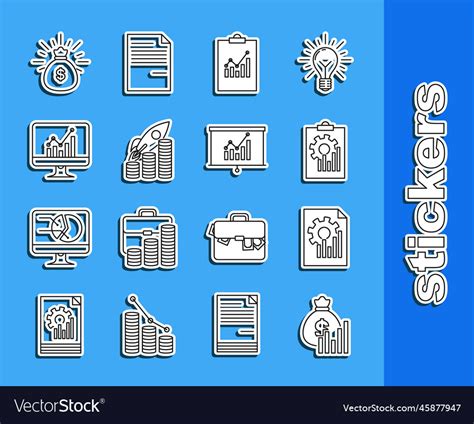 Set Line Money Bag And Diagram Graph Document Vector Image