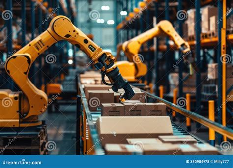 Automated Robotic Arms Sort Boxes In A Warehouse Stock Illustration