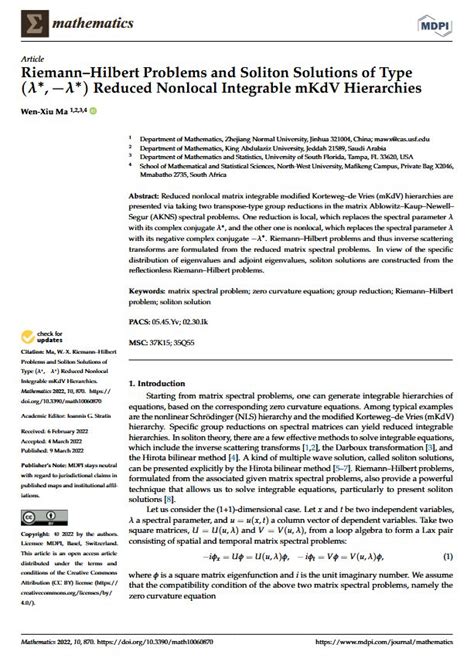Mathematics Mdpi On Linkedin Riemannhilbert Problems And Soliton