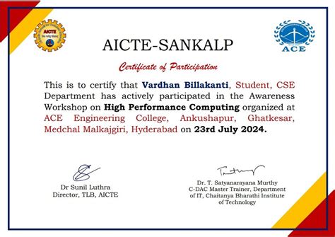Participated In Hpc Workshop By Aicte Sankalp Vardhan Billakanti