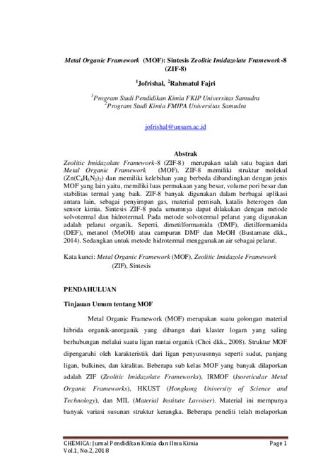 Pdf Metal Organic Framework Mof Sintesis Zeolitic Imidazolate Framework 8 Zif 8
