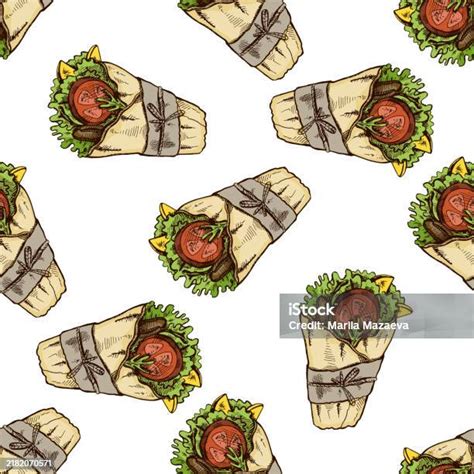 손으로 그린 색의 완벽 한 패턴은 흰색 배경에 격리 된 종이 패키지에 야채 조각으로 포장되어 있습니다 패스트 푸드 그림 고기에 대한 스톡 벡터 아트 및 기타 이미지 Istock