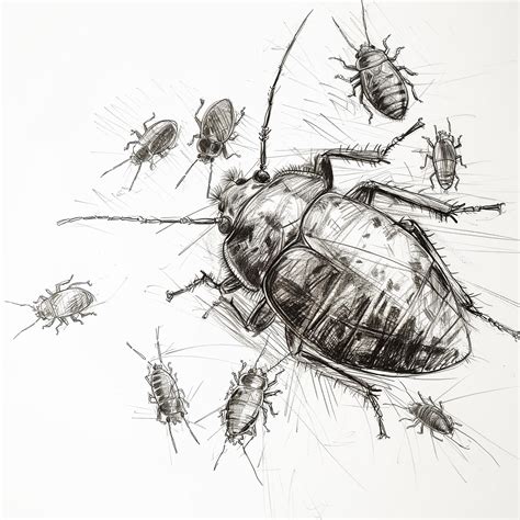 A Large Cockroach Surrounded By Smaller Cockroaches Pencil Sketch