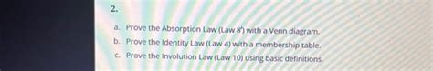2 A Prove The Absorption Law Law 8′ With A Venn Diagram B Prove Th