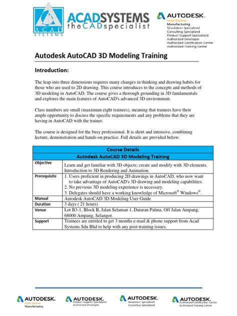 Autodesk Autocad 3d Modeling Training Syllabus Pdf 3 D Computer