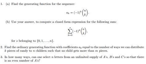 Generating Function Questions For Question 1 Part A