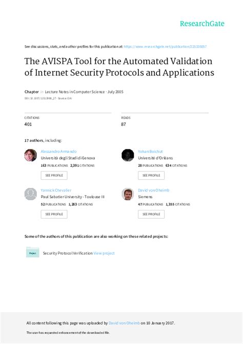 Pdf The Avispa Tool For The Automated Validation Of Internet Security Protocols And Applications