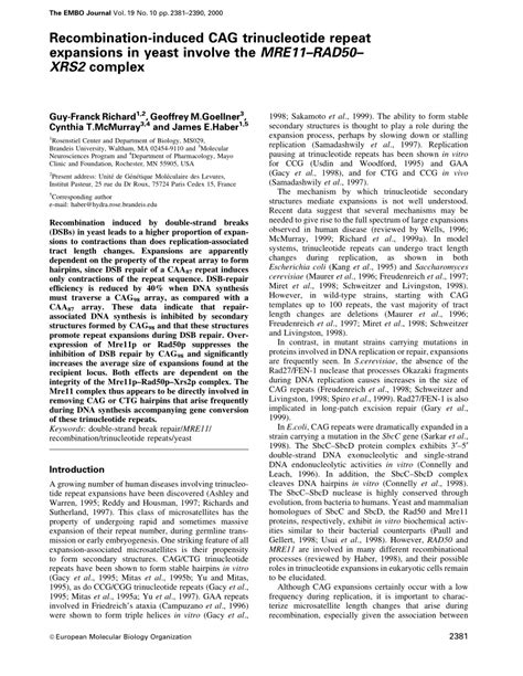 Pdf Recombination Induced Cag Trinucleotide Repeat Expansions In Yeast Involve The Mre11 Rad50