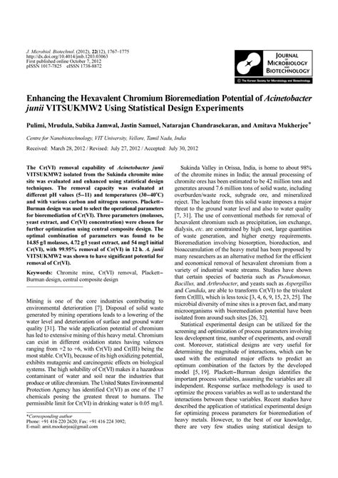 Pdf Enhancing The Hexavalent Chromium Bioremediation Potential Of Acinetobacter Junii