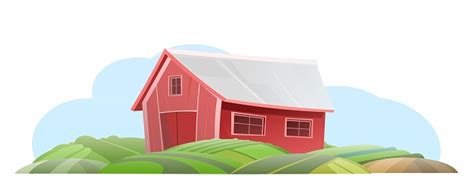 필드에 헛간 정원과 구불구불한 언덕 농부 건물과 농촌 농장 풍경 귀여운 재미있는 만화 디자인 일러스트 흰색 배경에 격리 플랫 스타일 벡터 개념에 대한 스톡 벡터 아트 및