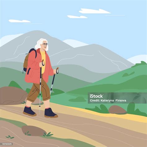 휴일에 배낭을 가지고 여행하는 늙은 활동적인 여성 북유럽 워킹 스틱 하이킹을 하며 걷는 행복한 노인 여성 흰색 배경에 고립 된