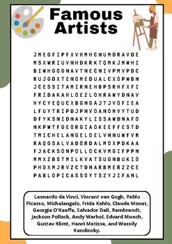 Famous Artists Word Search Puzzle Worksheet Activity By Art With Mark