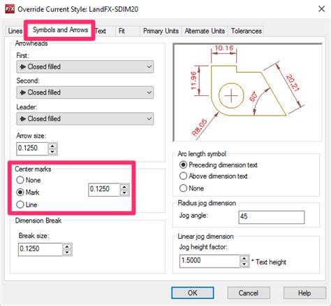 Show Center Marks In Radius Dimensions
