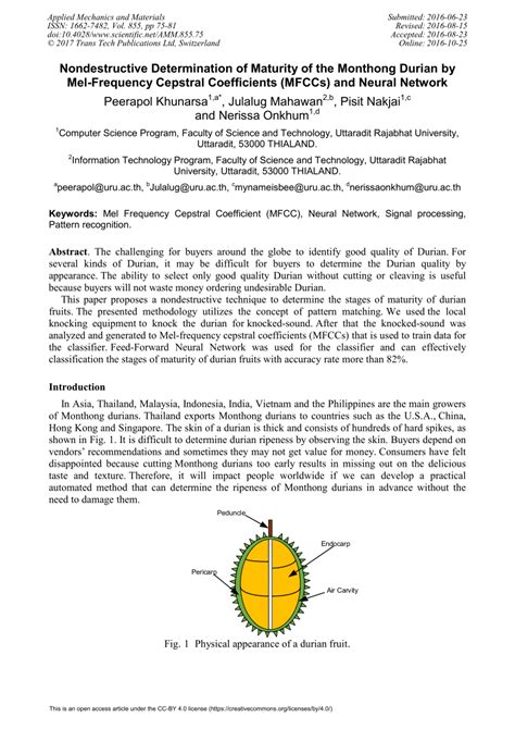 Pdf Nondestructive Determination Of Maturity Of The Monthong Durian By Mel Frequency Cepstral