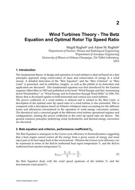Wind Turbines Theory The Betz Equation And Optimal Rotor Tip Speed Ratio Docslib