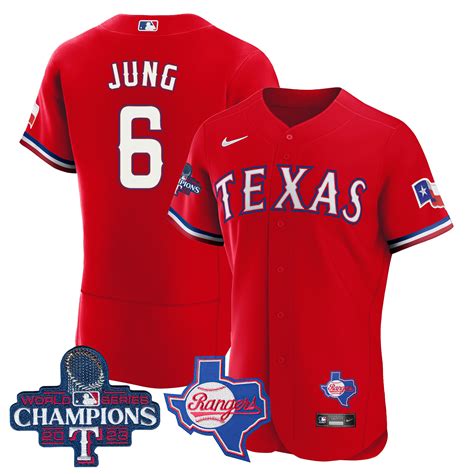 Josh Jung Mens Texas Rangers 2023 World Series Champions Flex Base V2 Red Jersey All Stitched