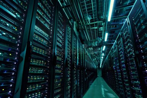 Rows Of Servers Fill A Long Building Hallway In A Data Center Stock