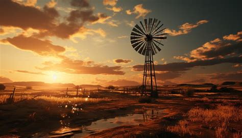 Premium Ai Image Sunset Over Windmill Nature Power Generation In