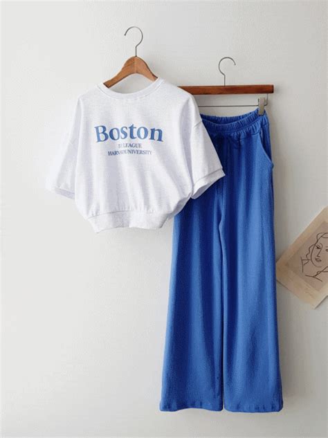 꾸안꾸set Boston 심플 레터링 프린트 맨투맨 반팔티셔츠 밴딩 일자바지 와이드팬츠 투피스 트레이닝복세트 체육대회 수학
