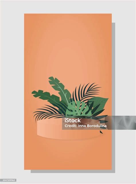 트렌디한 색상의 추상적인 배경 2024 살구 크러쉬 열대 잎과 하나의 스탠드 3가지 개체에 대한 스톡 벡터 아트 및 기타 이미지 Istock