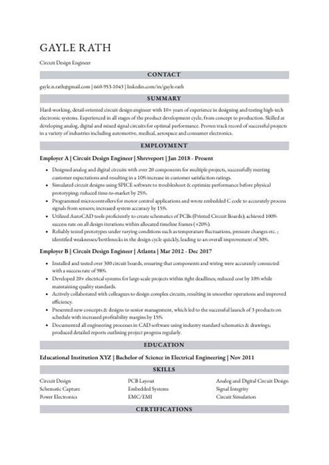 Circuit Design Engineer Resume CV Example And Writing Guide